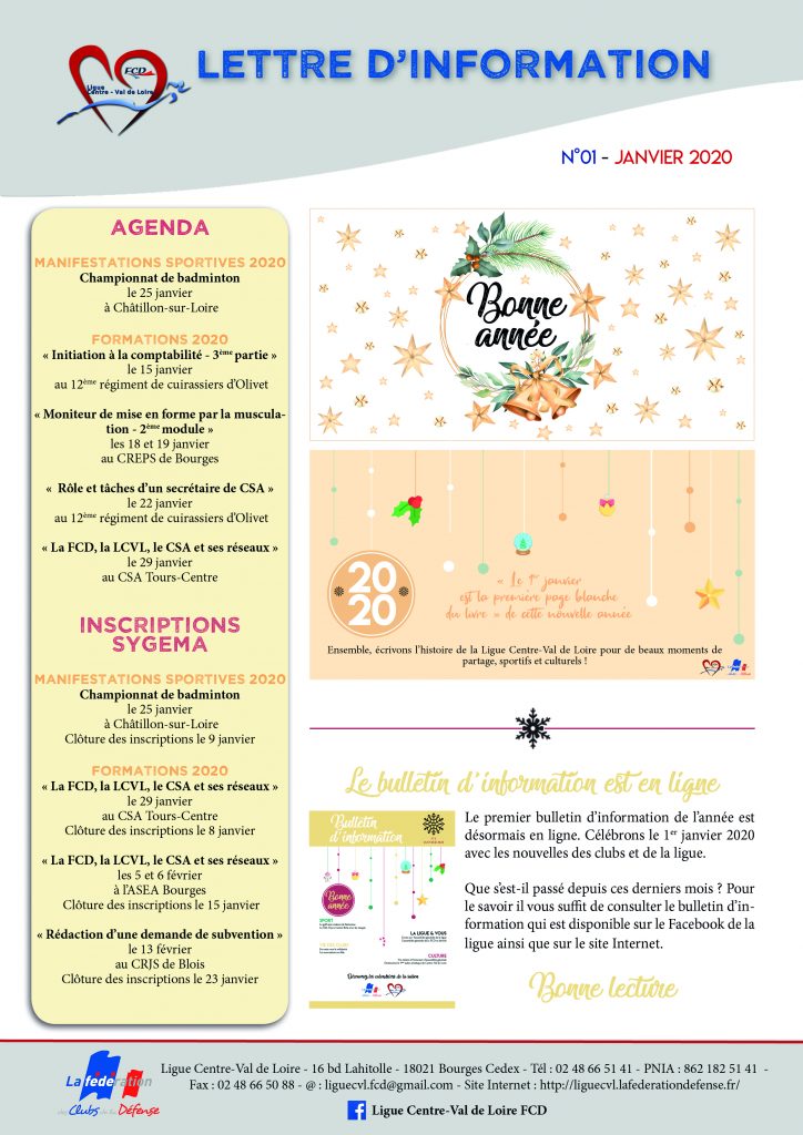 Lettre d’information n°1 Janvier 2020 | Ligue Centre-Val de Loire